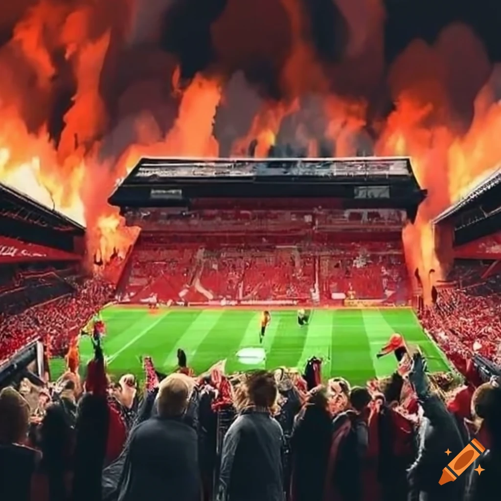 Anfield stadium surrounded by fire with crowds and Jurgen Klopp in the ...