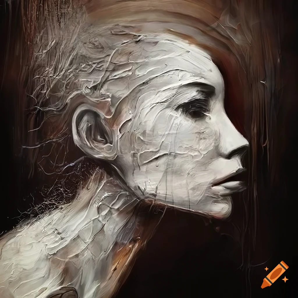 Abstract portrait oil painting of a pale white creature on scratched ...