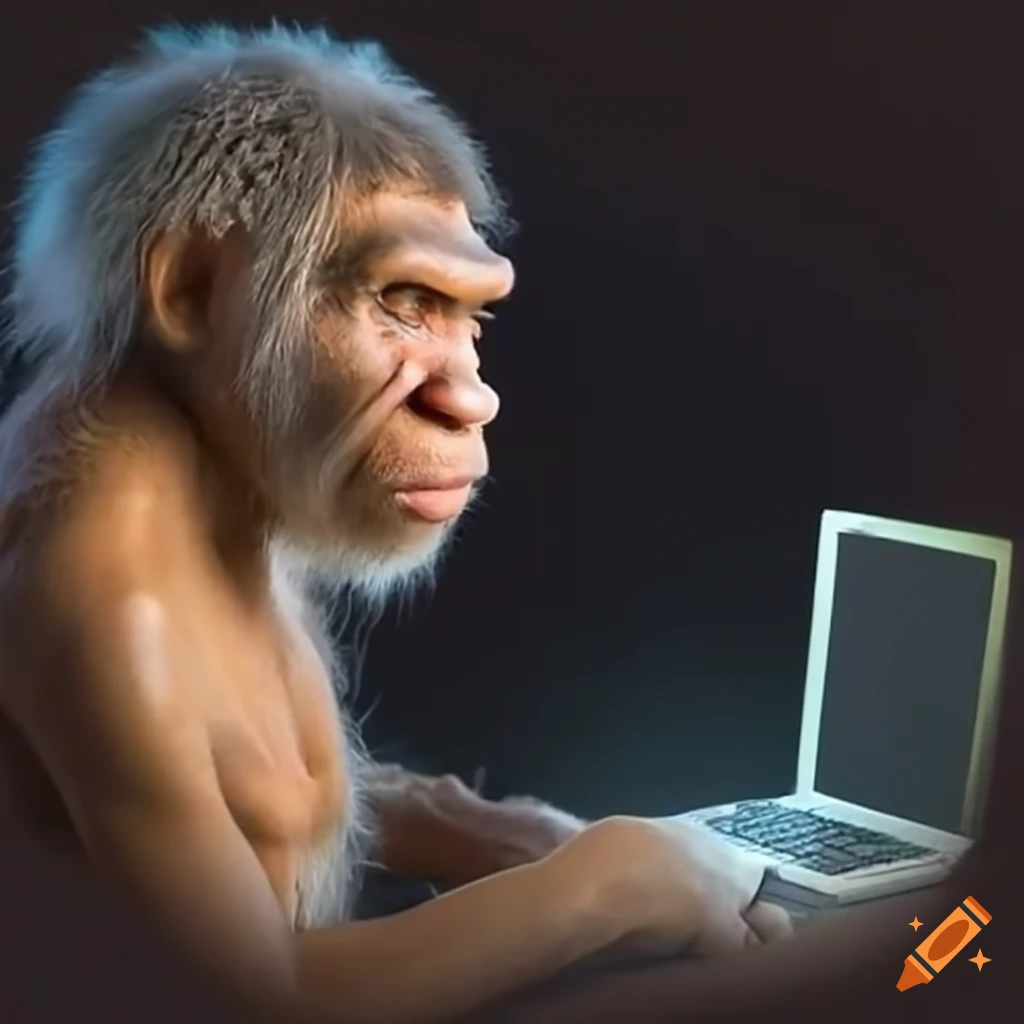 Caveman using a computer on Craiyon