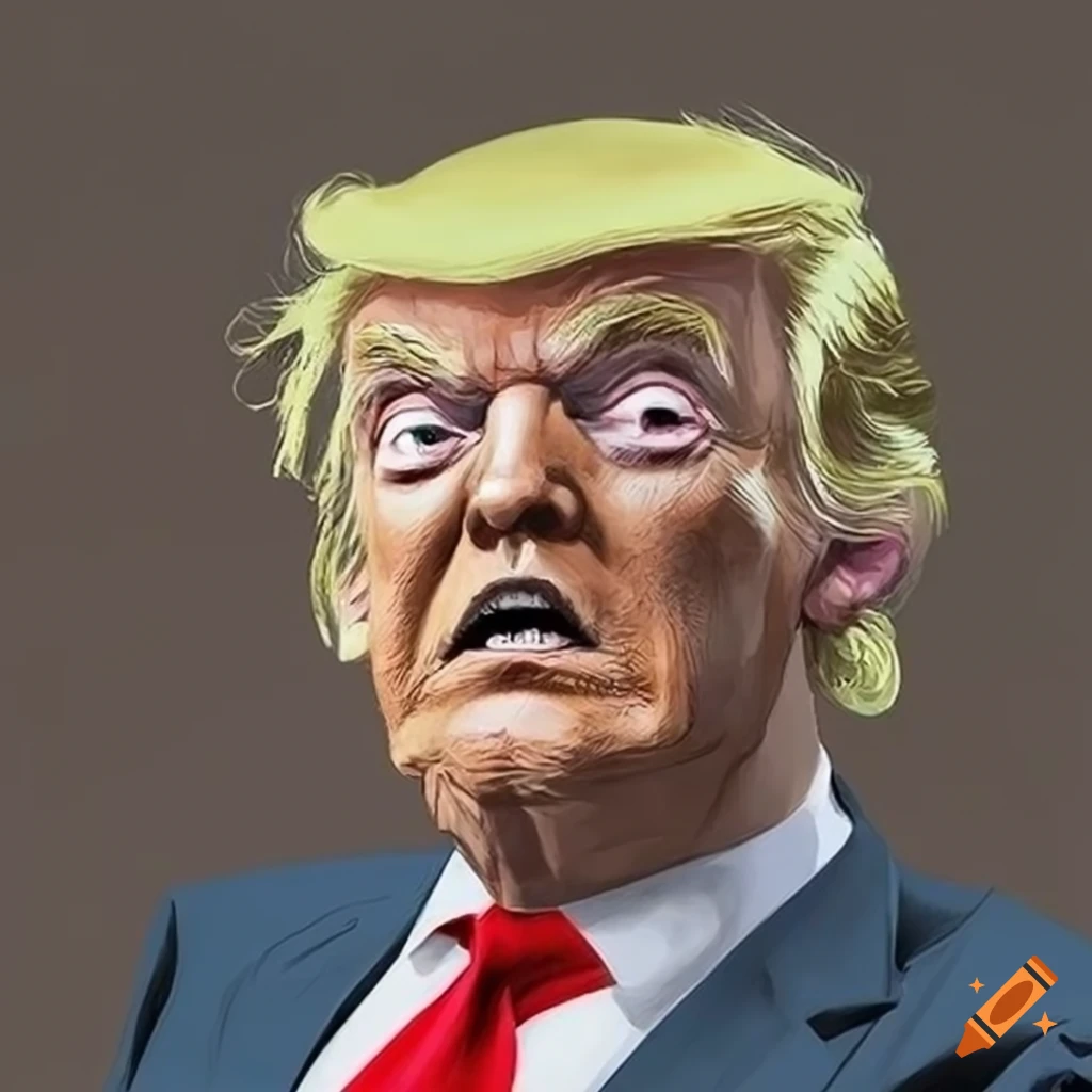 Satirical artwork of a public figure with exaggerated features on Craiyon