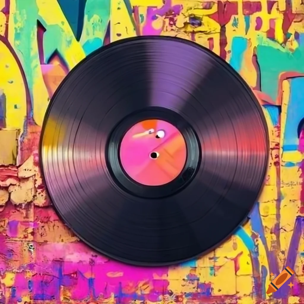 Colorful graffiti-style vinyl record against a brick wall background on ...