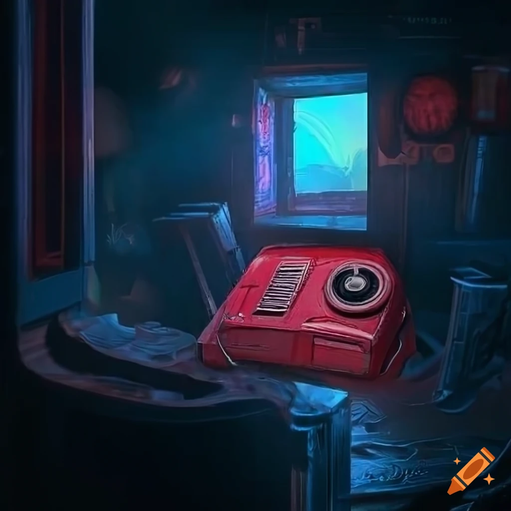 Red cyberpunk phone on the fly with moebius artwork design on Craiyon
