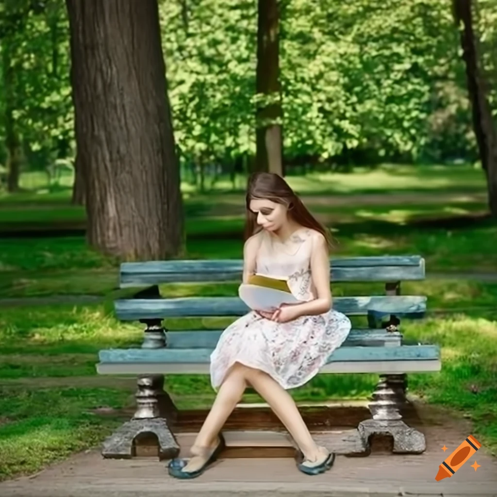 Beautiful girl in summer dress sitting on stone bench in a park on Craiyon