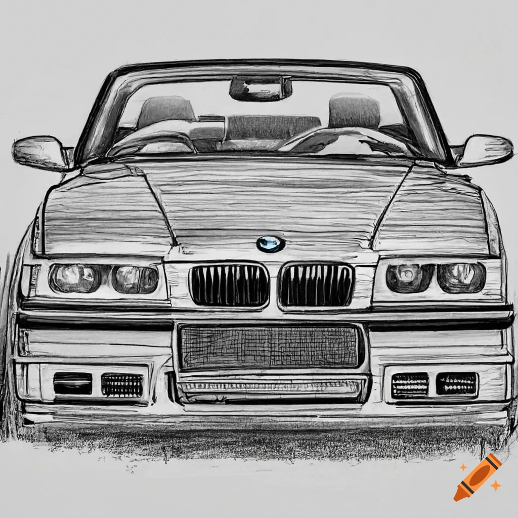 Crayon drawing of a BMW E36 cabriolet in black and white on Craiyon