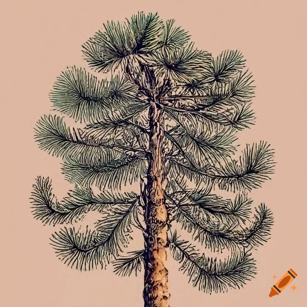 Intricate Aleppo Pine plant with flowers and leaves in vintage ...