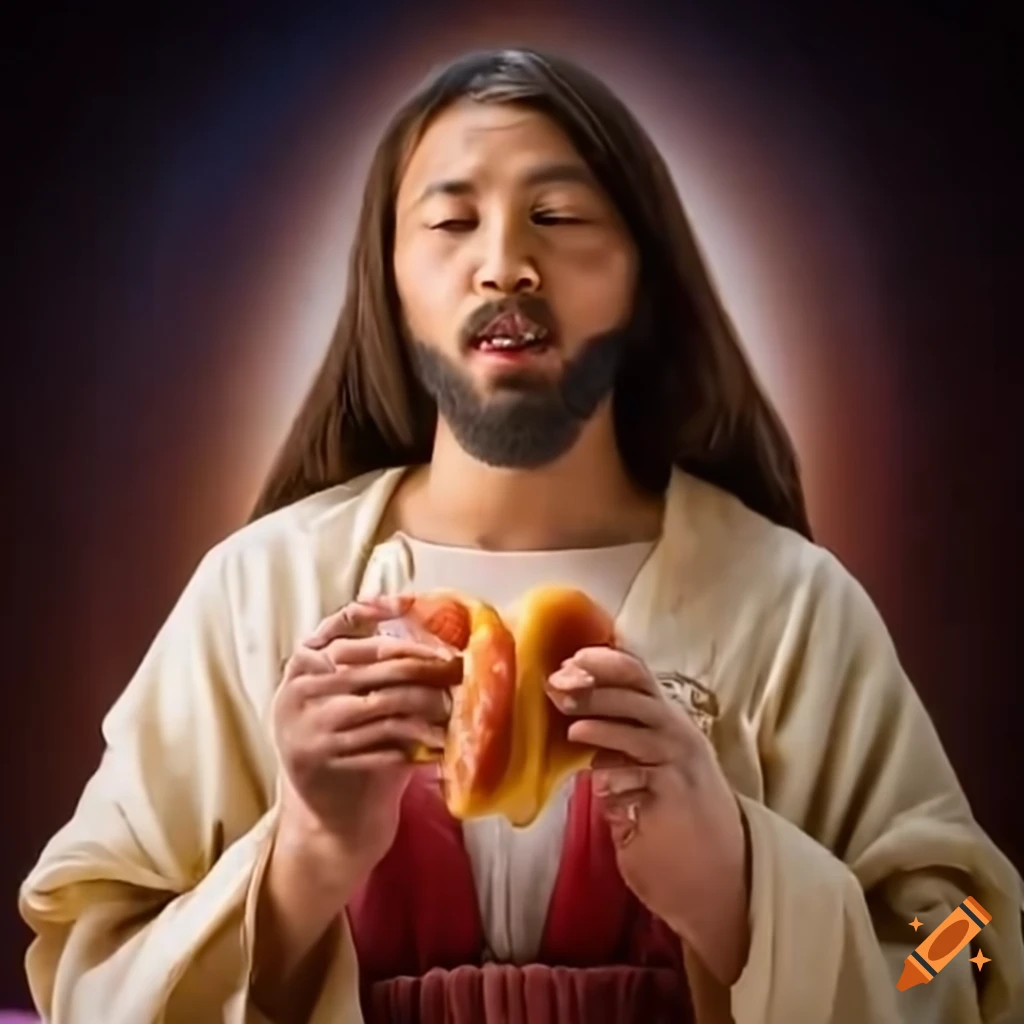 Asian jesus eating a hot dog in outer space on Craiyon