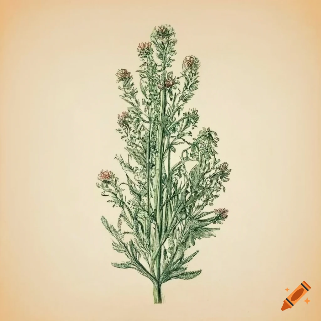 Intricate vintage botanical illustration of Artemisia plant in 18th ...