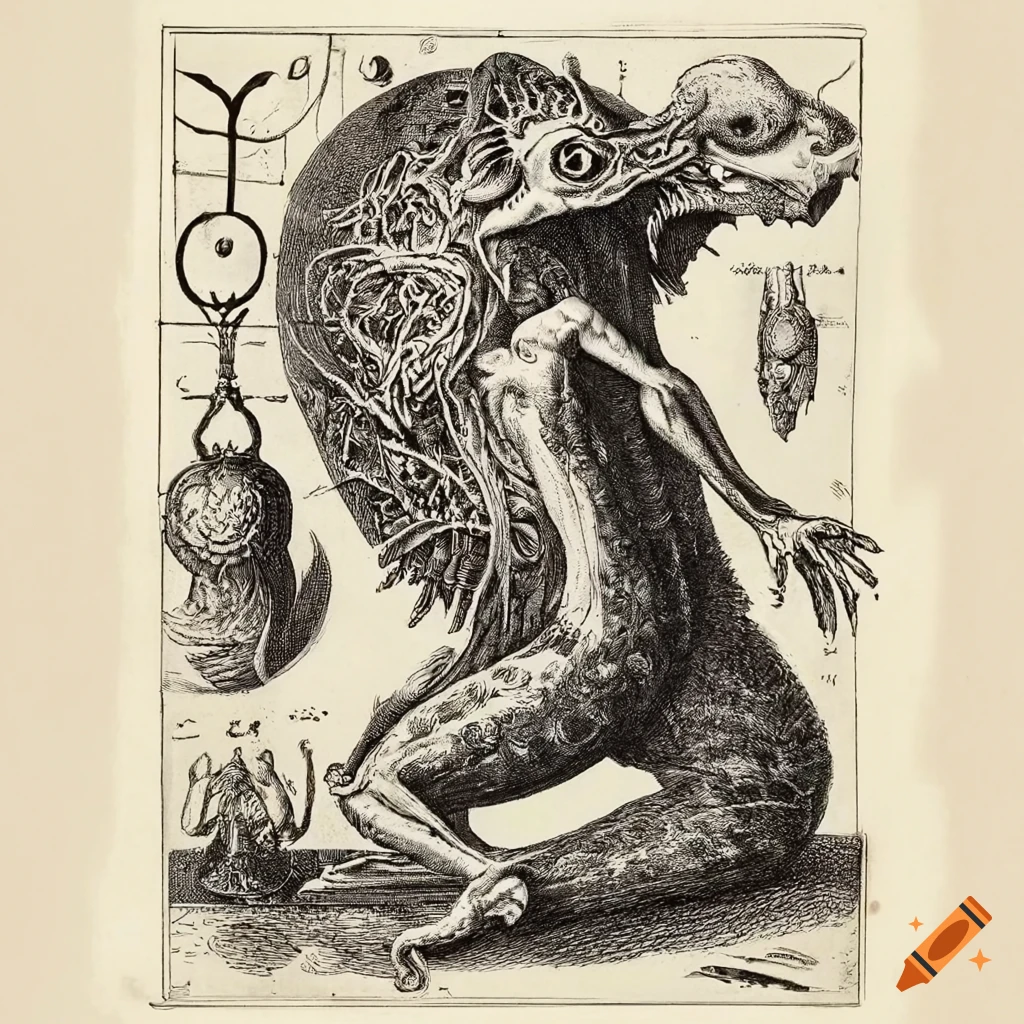Anatomical drawings of creatures and monsters in esoteric manuscript ...