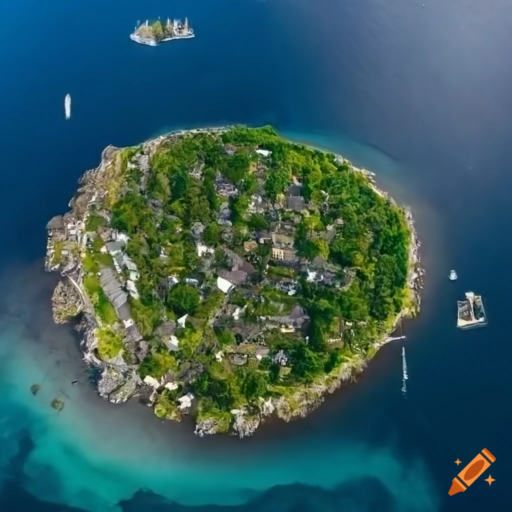 Aerial view of archipelago with Victorian style towns on each island on ...