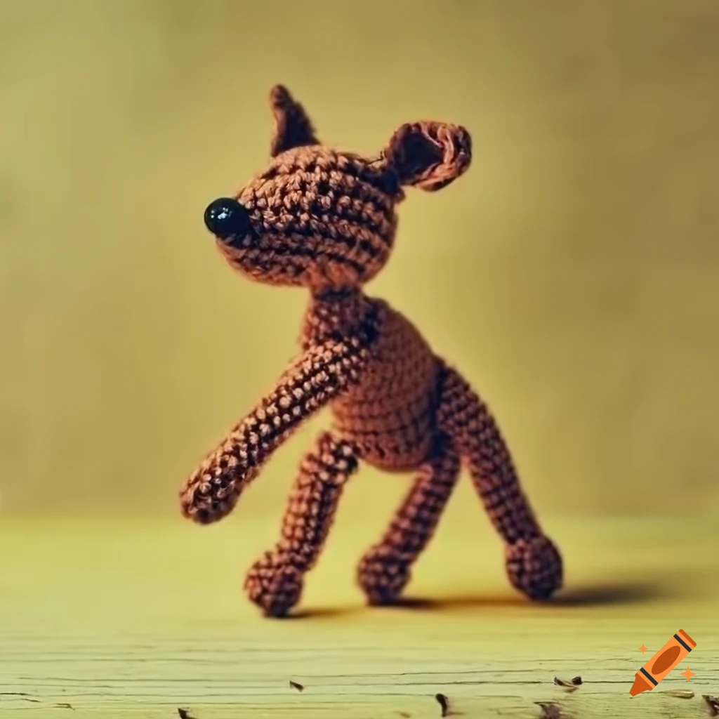 Miniature pinscher dog breed amigurumi plush toy on a yellow concrete ...
