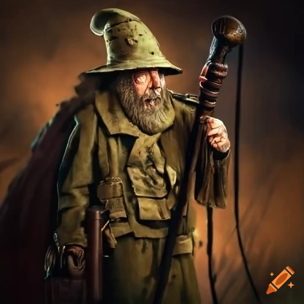 Wizard in a WW2 trench with a dieselpunk walking stick on Craiyon