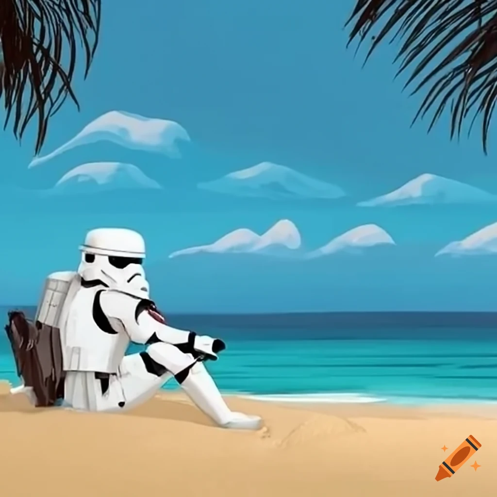 Stormtrooper from Star Wars relaxing on a sandy beach on Craiyon