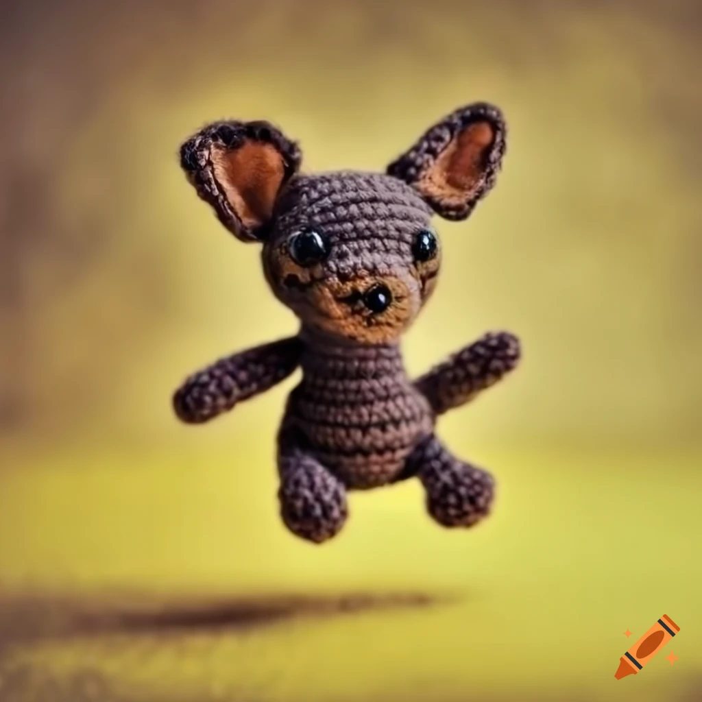 Miniature Pinscher dog breed amigurumi plush toy on yellow concrete ...