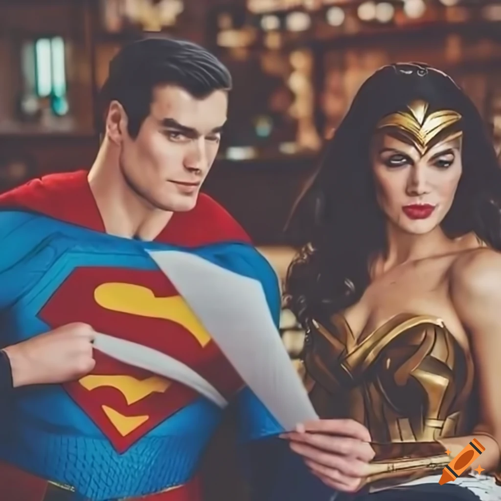 Superman and Wonder Woman reading a document in a bar with a cup of ...
