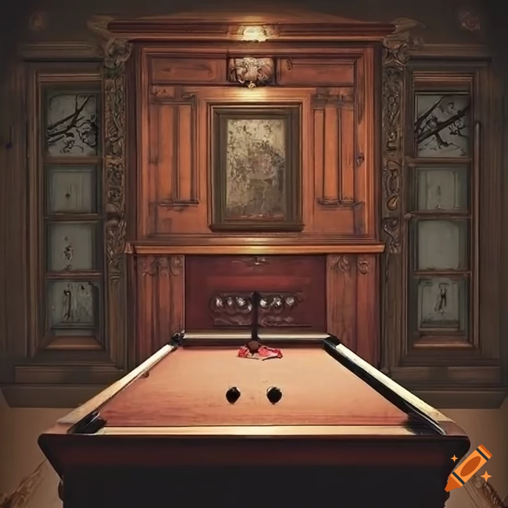 Old Victorian style room with billiard table and wooden door on Craiyon