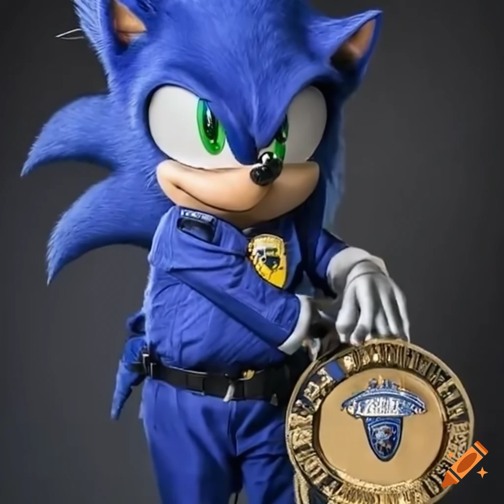 Sonic the hedgehog in nypd officer costume with badge on Craiyon