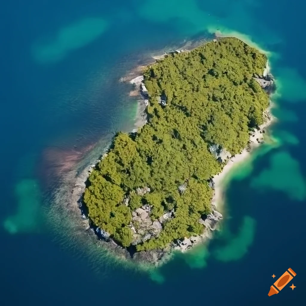 Aerial view of archipelago with Victorian style towns on each island on ...