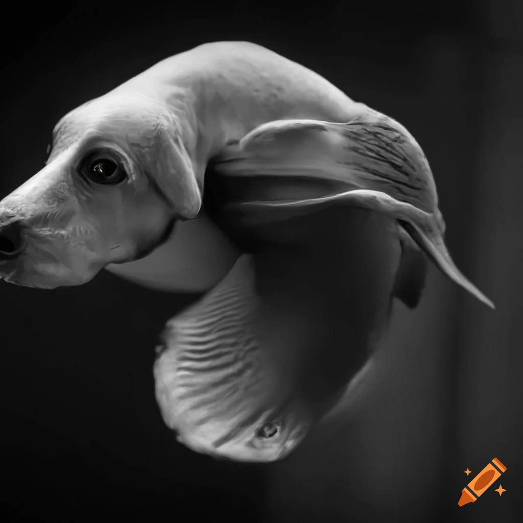 Surreal half fish half dog creature in monochrome on Craiyon