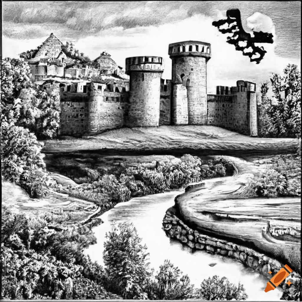 Black and white medieval fortress by the river in a pencil drawing ...
