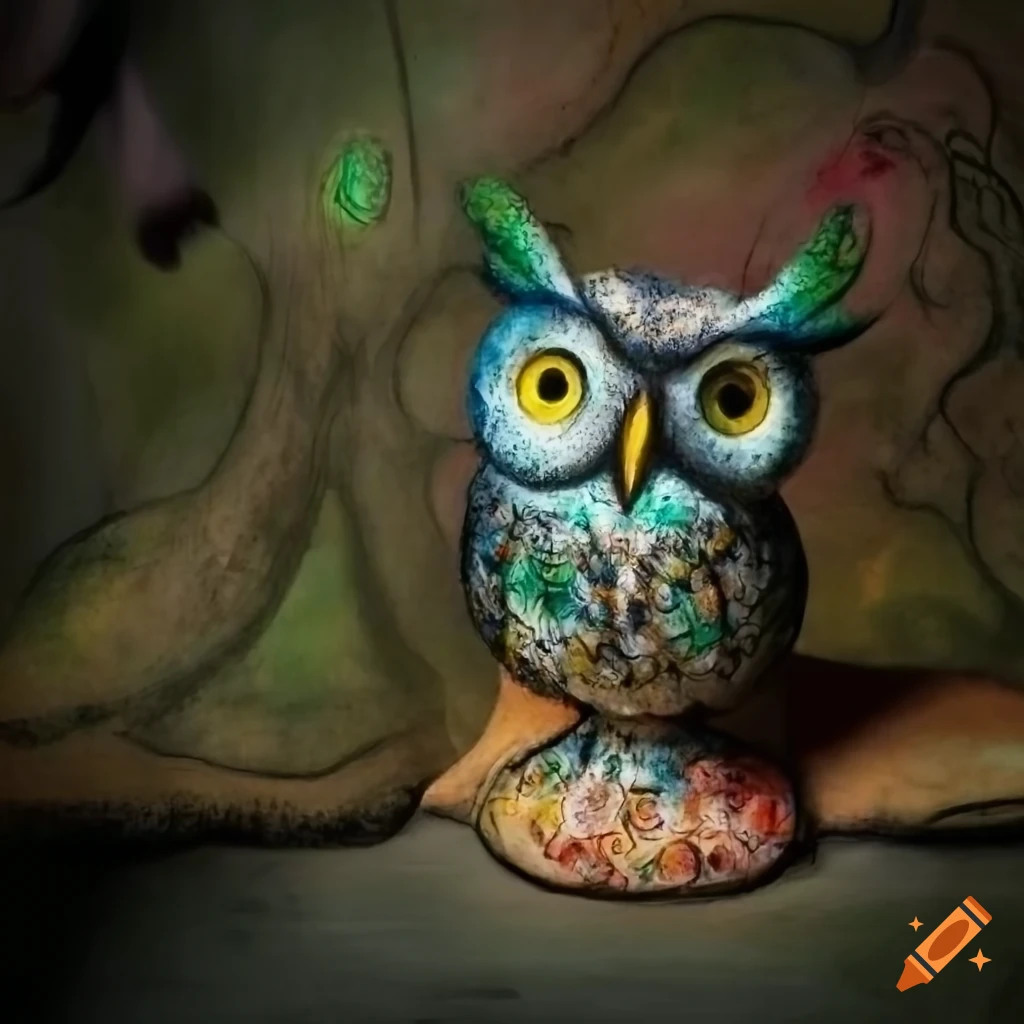 Human-owl hybrid in a colorful dark forest inspired by hieronymus bosch ...