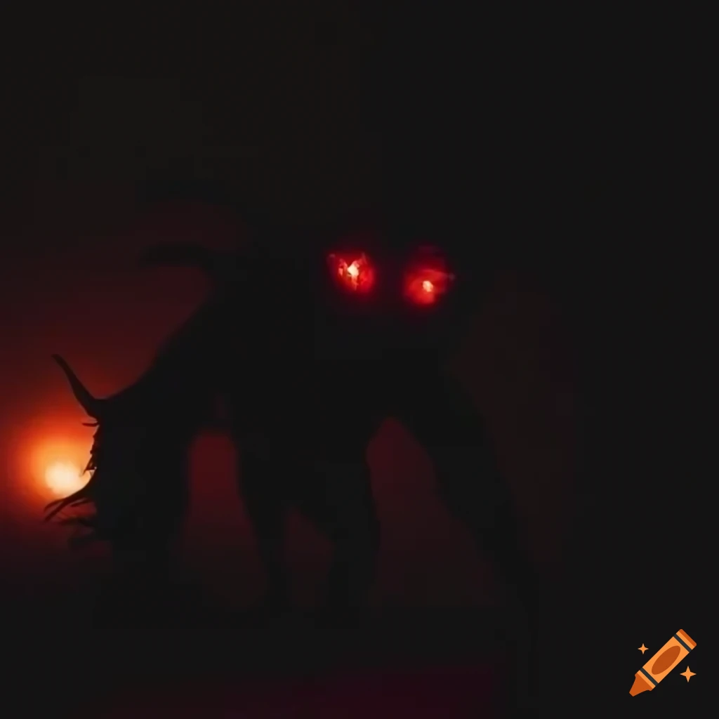 Silhouette of three-legged monster with glowing red eyes in backyard at ...