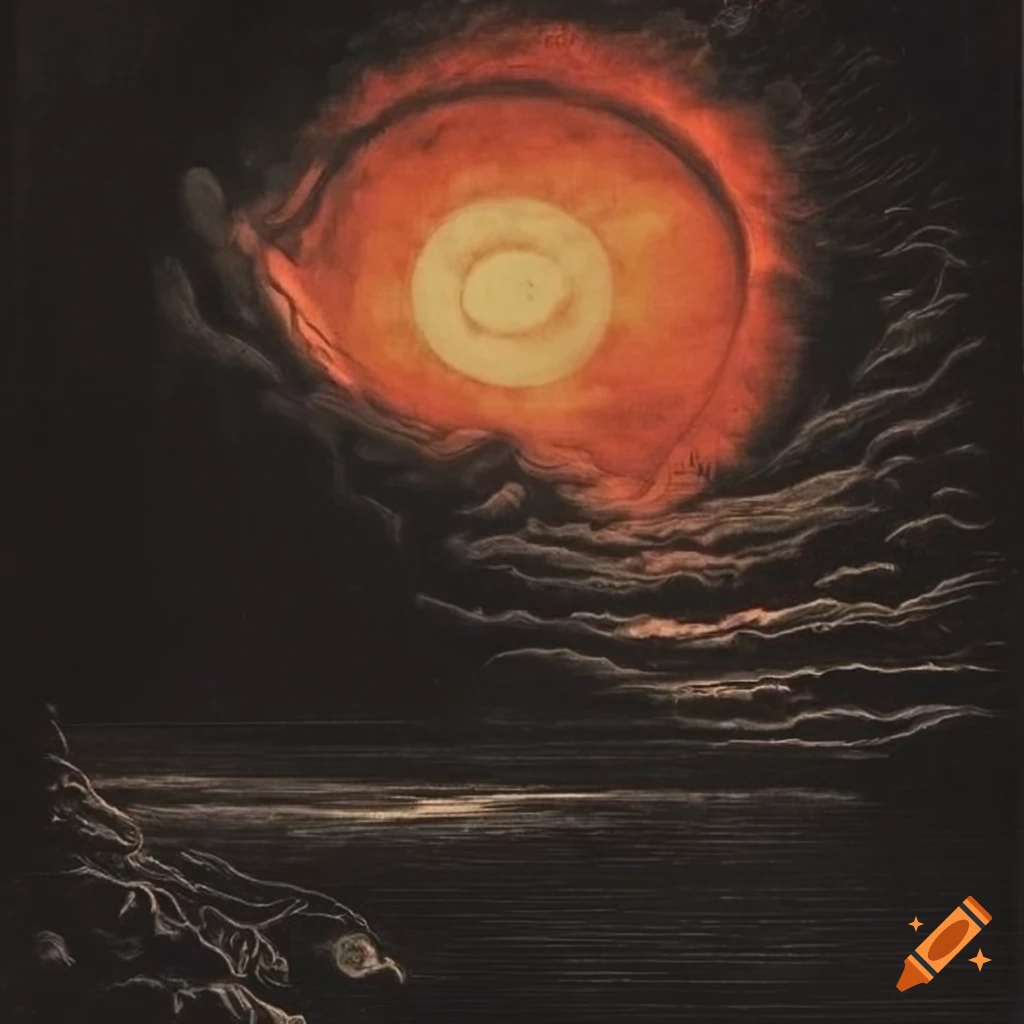 Eye of doom in the sky art by Kittelsen in black and white on Craiyon