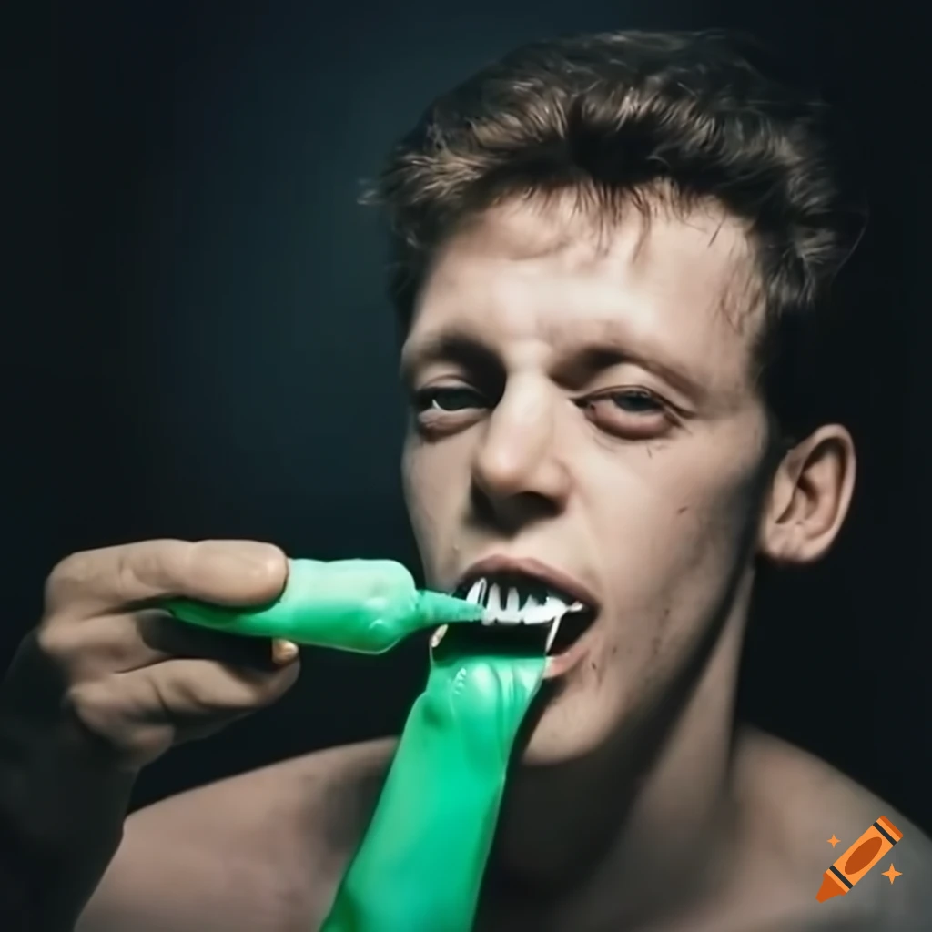 Man brushing teeth with green toothpaste in front of bathroom mirror ...