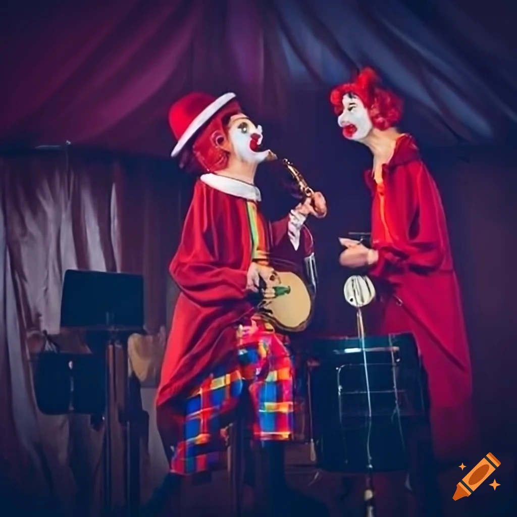 Musicians playing unique instruments with a clown under a marquee on ...