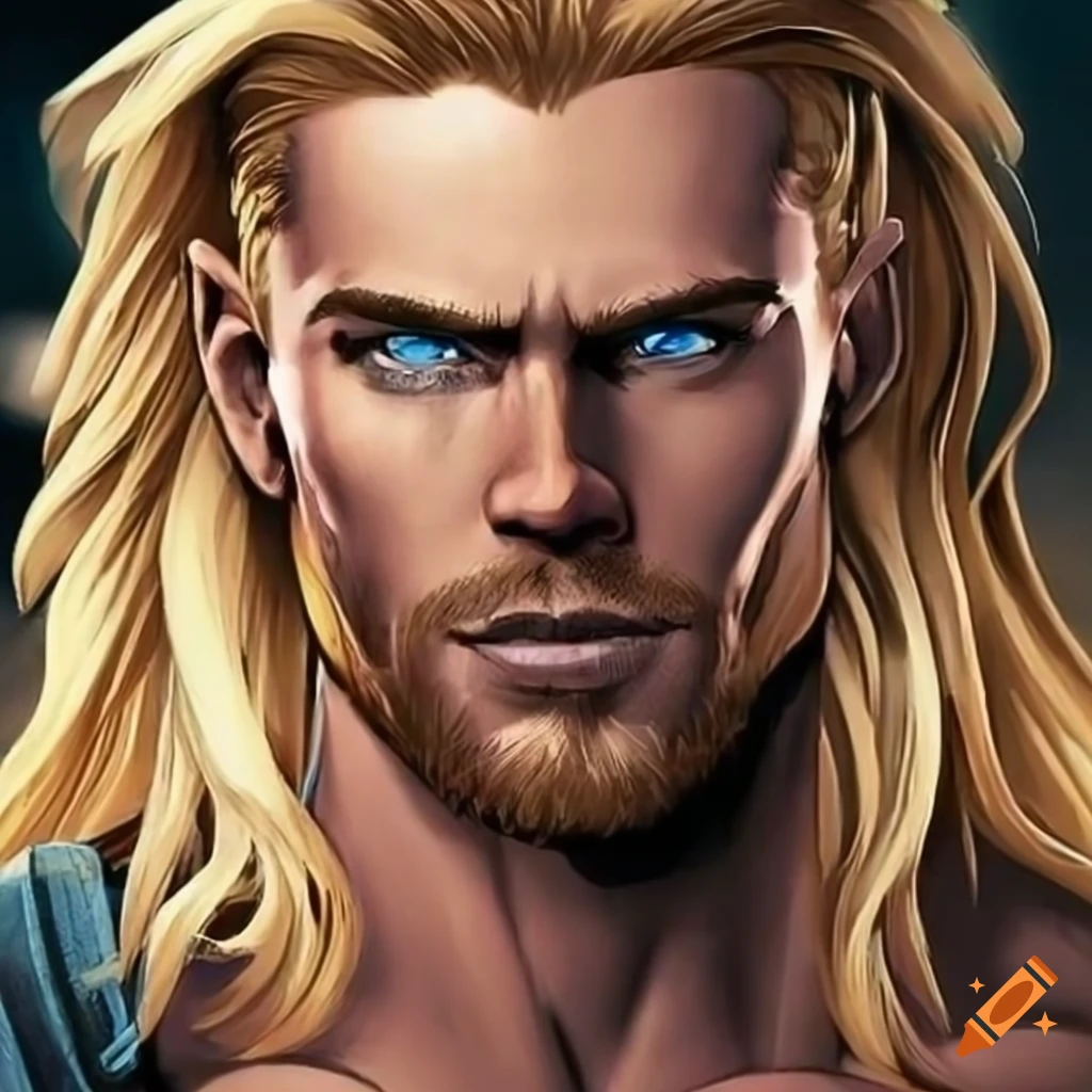 Buff, blond man with blue eyes resembling thor on Craiyon