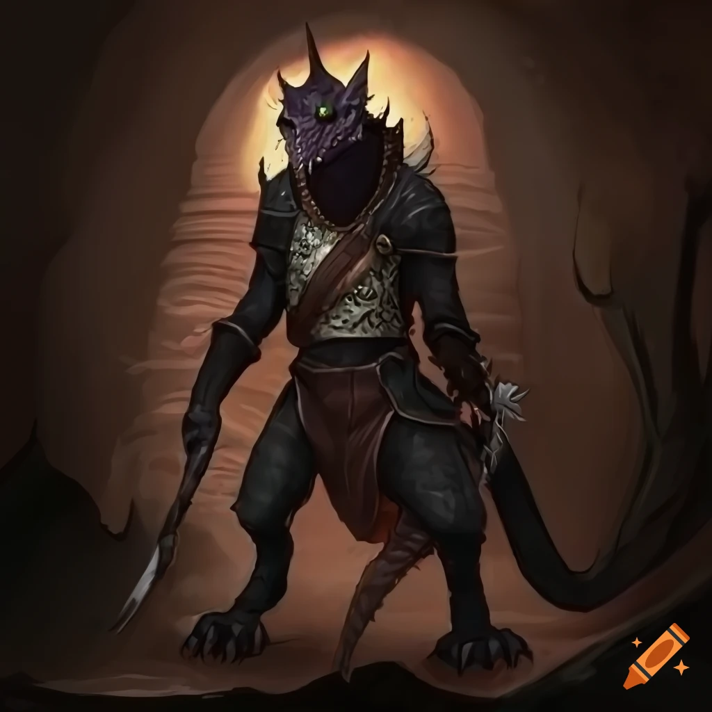 Draconic kobold rogue with black leather armor and white scales in a fantasy setting on Craiyon