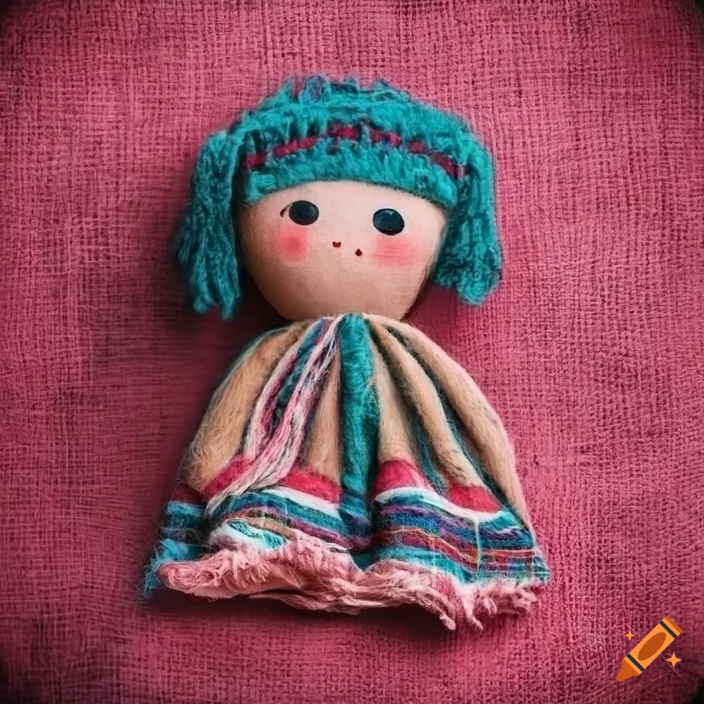 Cute rag dolls on colorful fabric against a concrete background on Craiyon