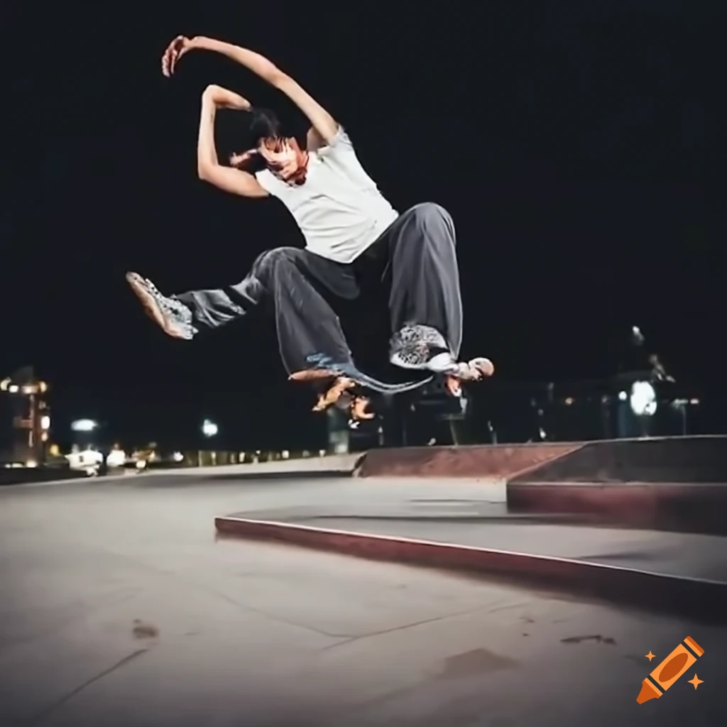 Daring skater performing tricks in an urban skate park at night on Craiyon