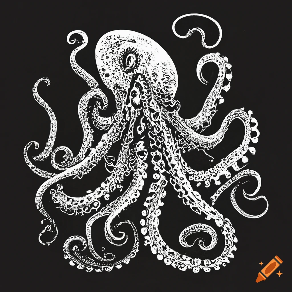 Octopus wrapping around the edge of the moon in black and white woodcut ...