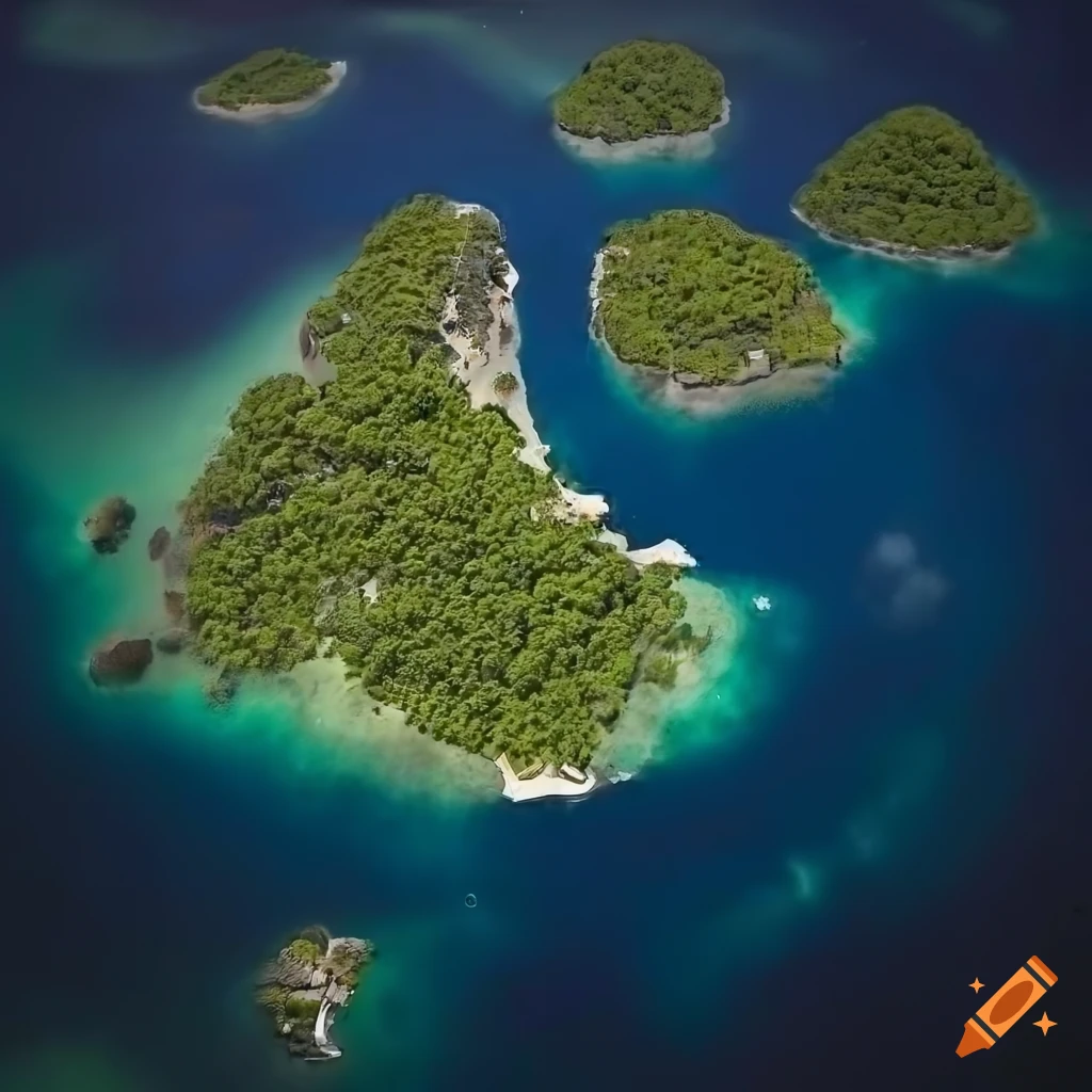 Aerial view of archipelago with ten islands and Victorian-style towns ...