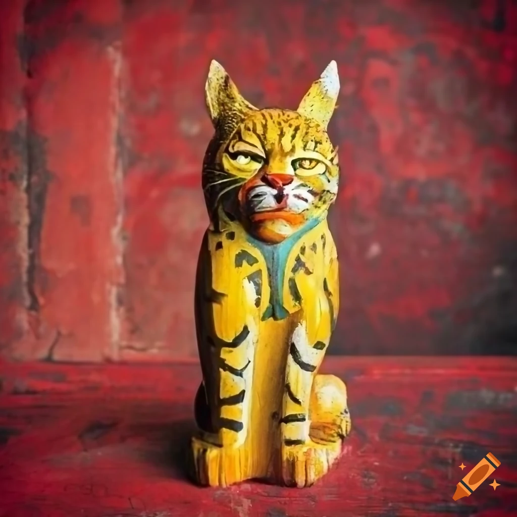 Yellow bobcat on red concrete background with Bali primitive art craft ...