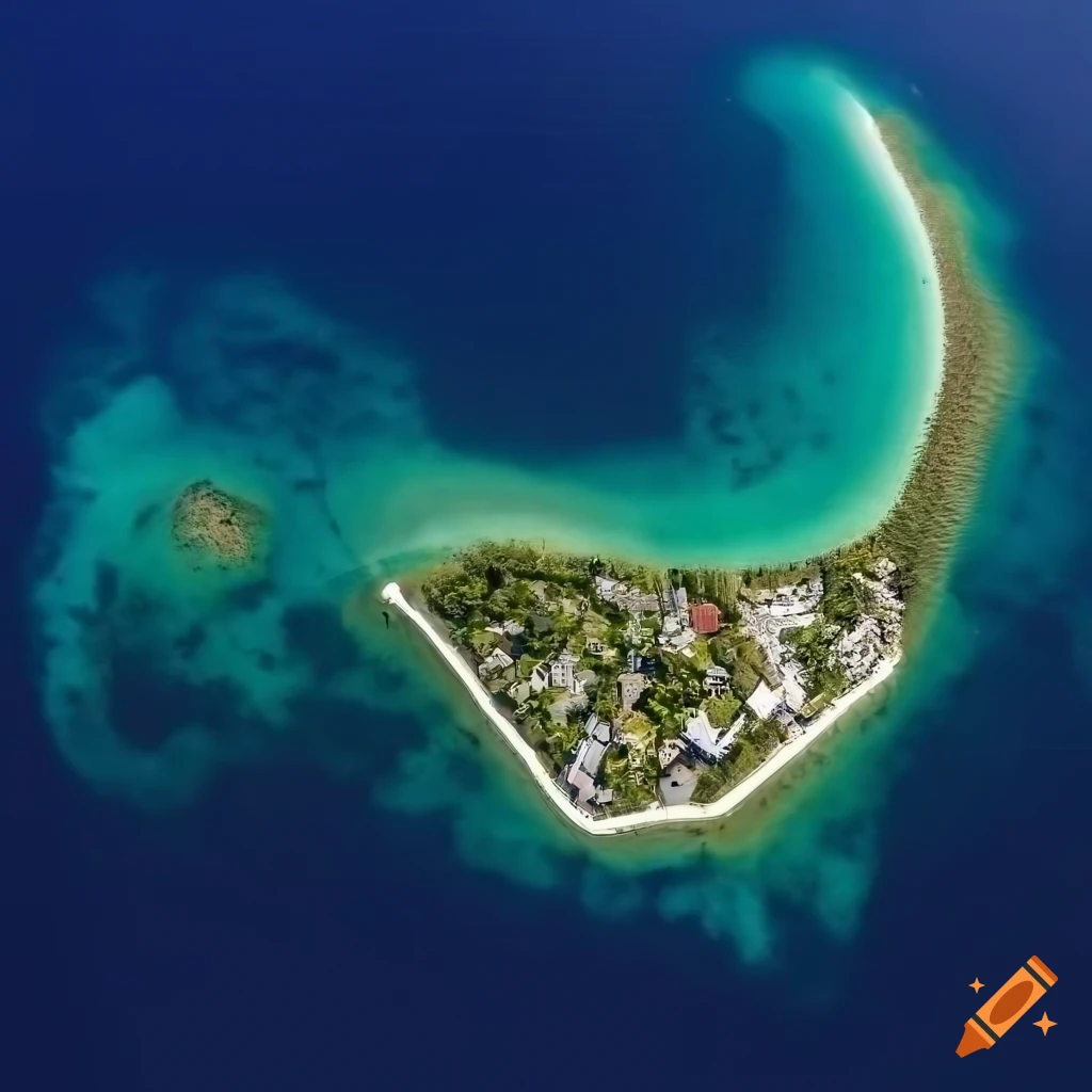 Aerial view of an archipelago with ten islands each with a Victorian ...