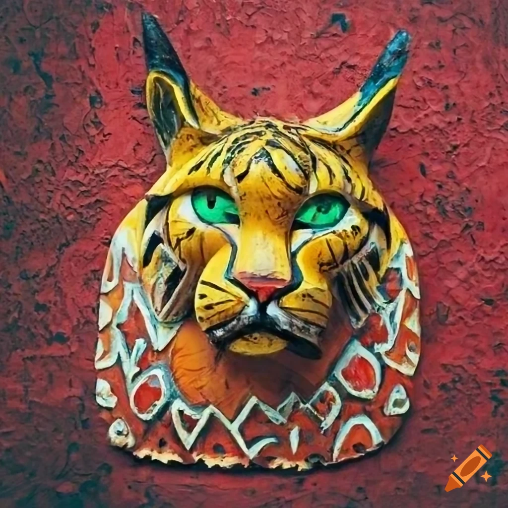 Yellow bobcat on red concrete background with Bali primitive art craft ...