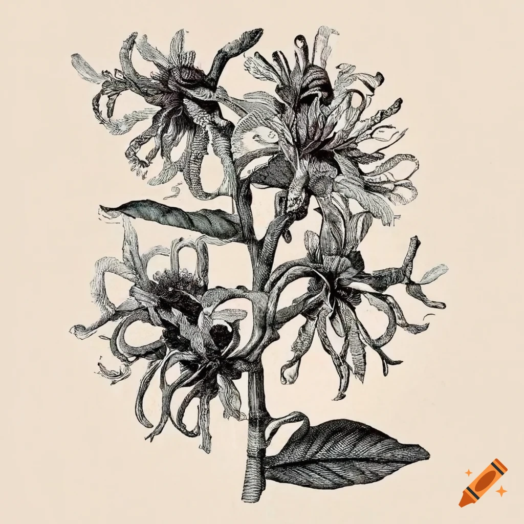 Detailed vintage illustration of Witch Hazel plant in botanical drawing ...