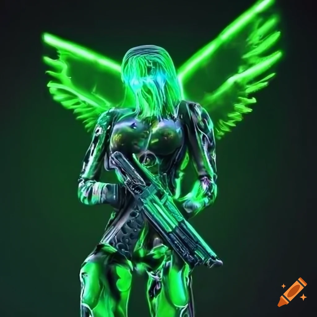Cybernetic angel in neon green with a gun on Craiyon