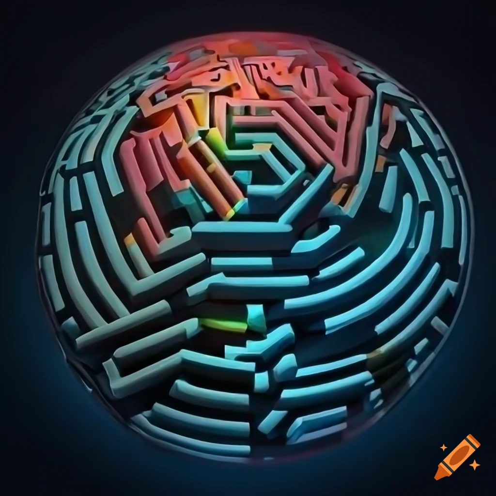 3D sphere maze in high contrast polychromatic acrylic style on Craiyon