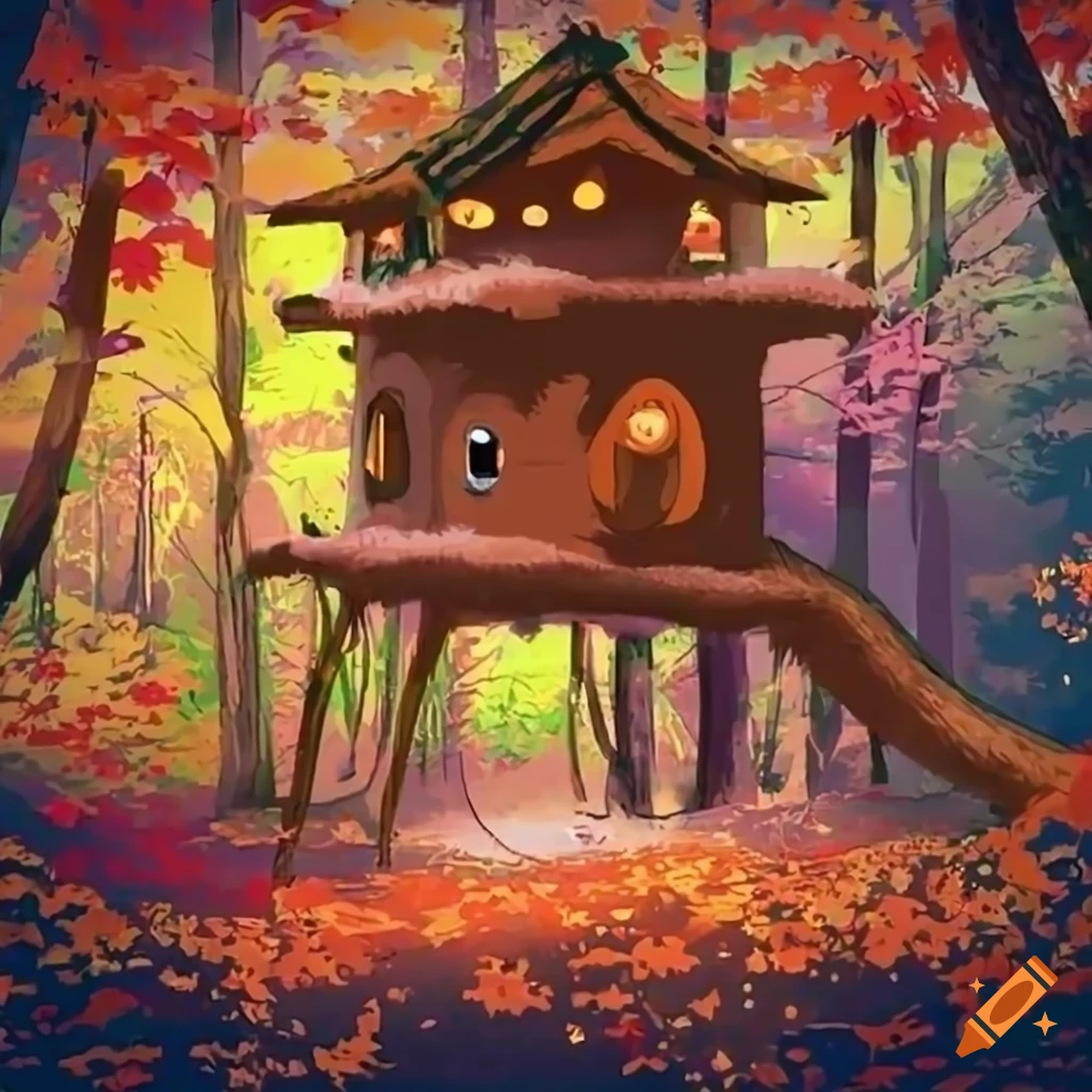 Enchanting squirrel treehouse in blooming autumn foliage on Craiyon