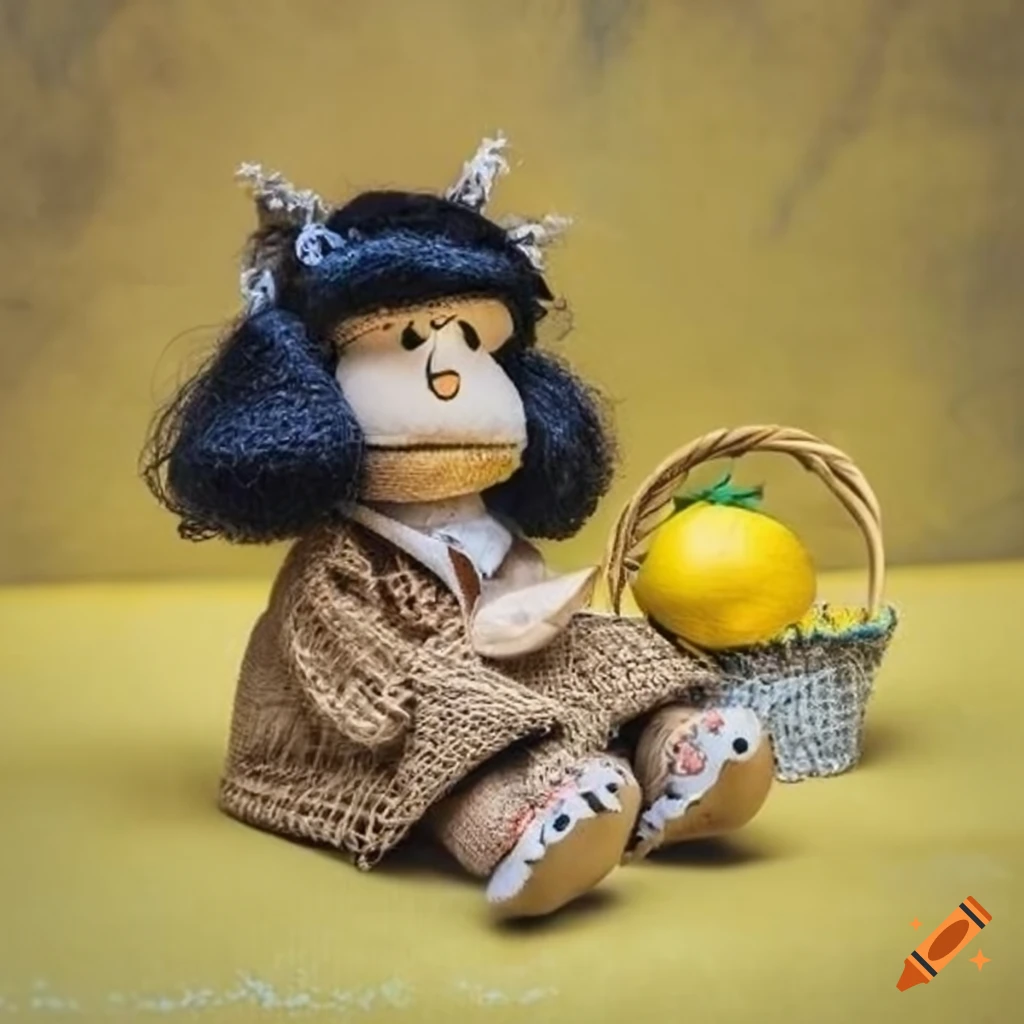 Mafalda natural burlap fabric muppet doll with flowers and lemon basket ...