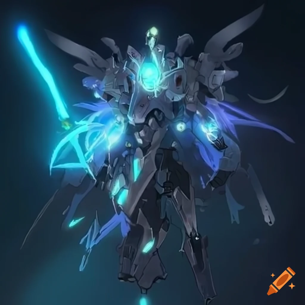 Blooming mecha flying with glowing sword and blazing lasers on Craiyon