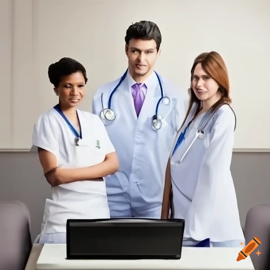 Medical registry team with nurse and secretary at charting station on ...