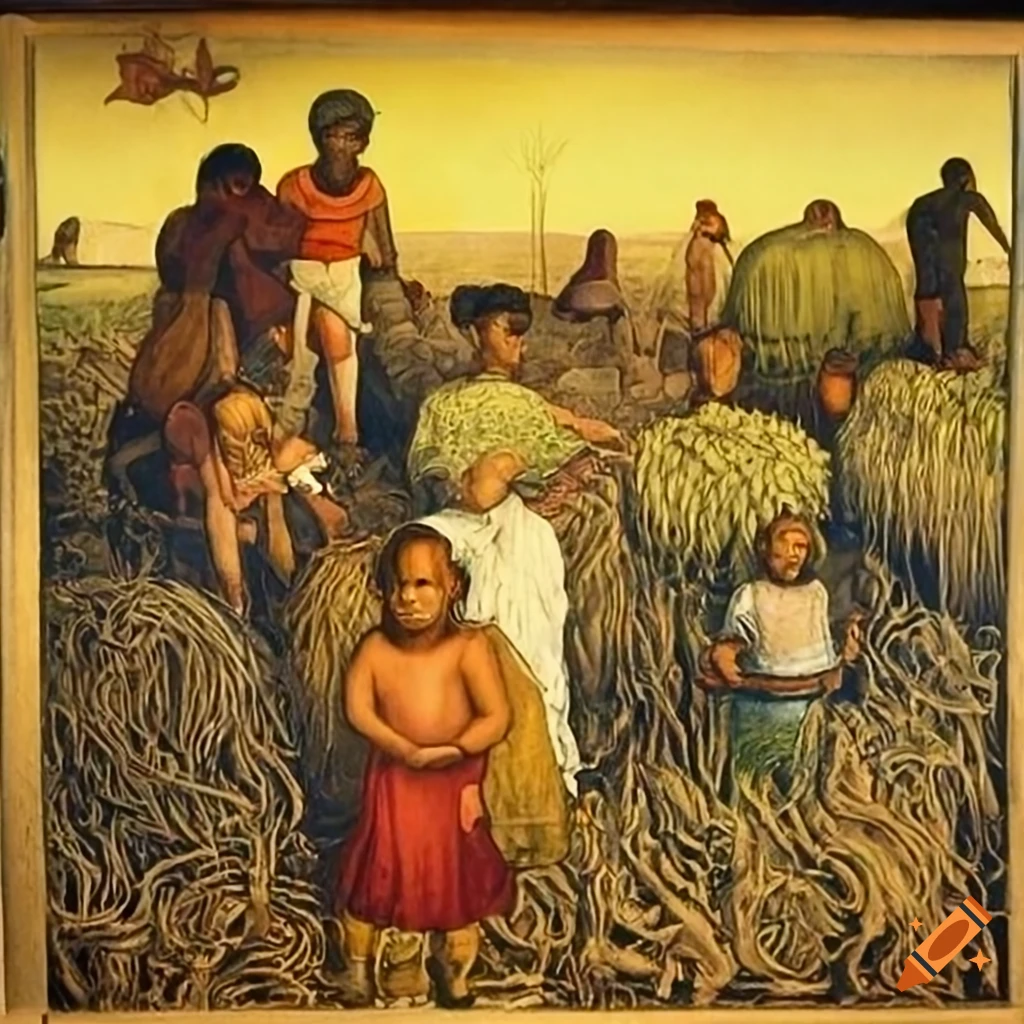 Santa Muerte Voodoo Loa figures harvesting a cornfield under the midday ...