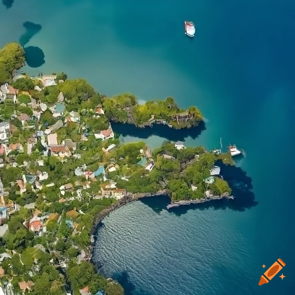 Aerial view of an archipelago with ten islands each with a Victorian ...