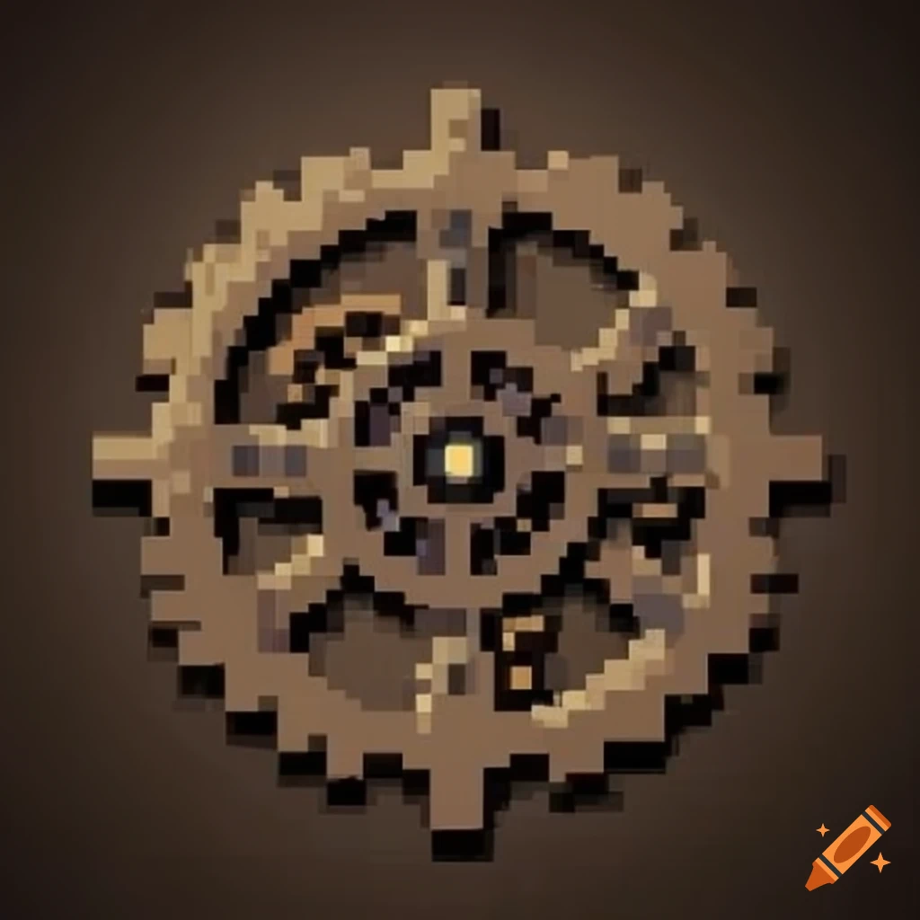 Pixel art of a fantasy steampunk cog wheel on Craiyon