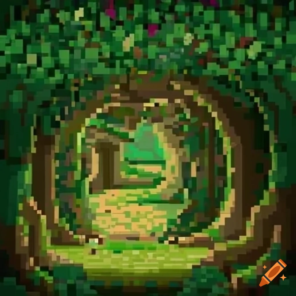 Charming pixel art jungle scene with magical fruits on vines and ...