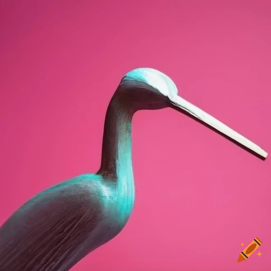 Wooden crane bird on pink background in primitive art style on Craiyon