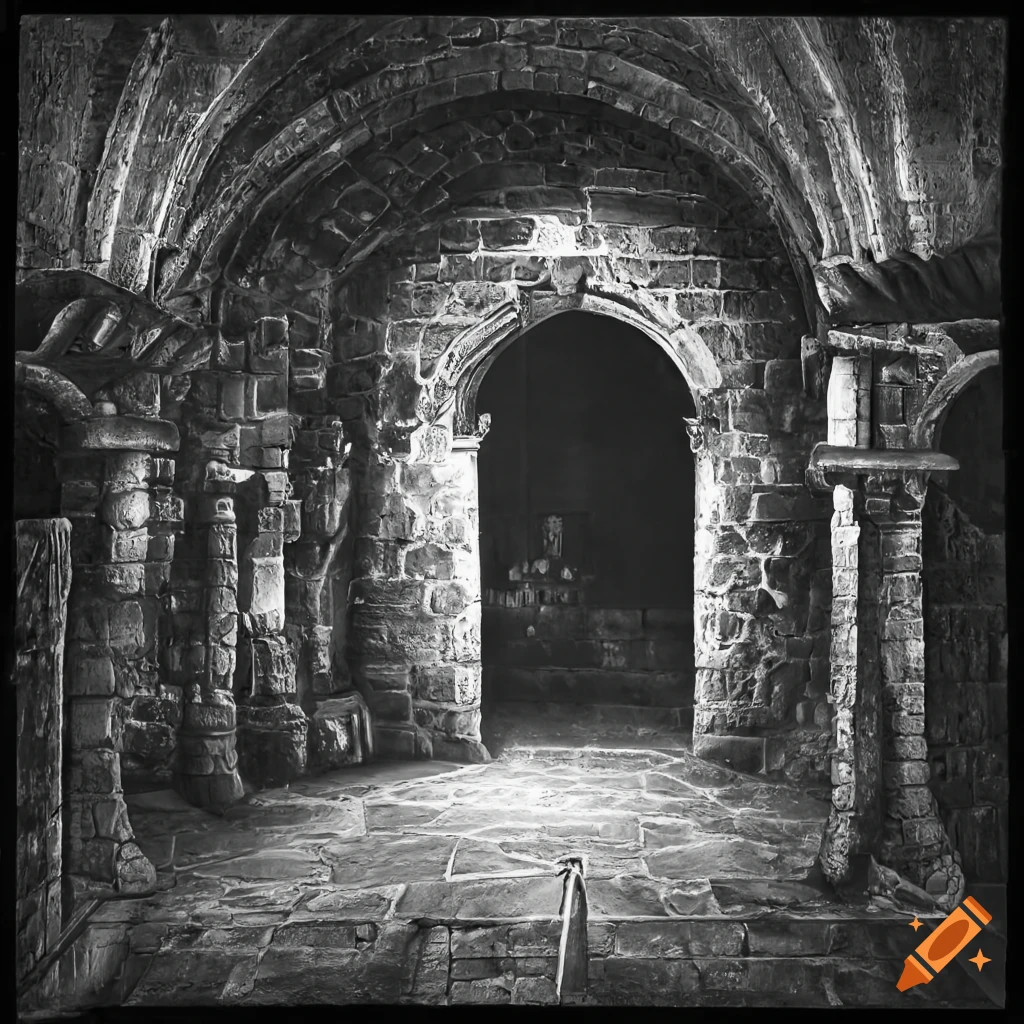 Medieval dungeon in black and white pencil drawing on Craiyon